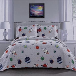 3 Piece Space Quilt Summer Bedspreads Full/Queen Size Kids Planet Bed Cover Lightweight Coverlet Set Blanket Universe Bedding-Gray White