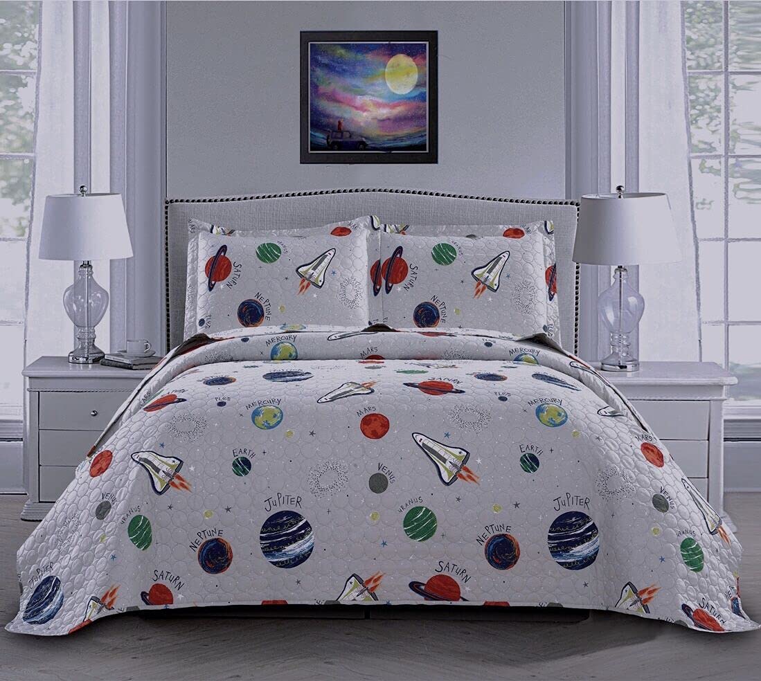 3 Piece Space Quilt Summer Bedspreads Full/Queen Size Kids Planet Bed Cover Lightweight Coverlet Set Blanket Universe Bedding-Gray White