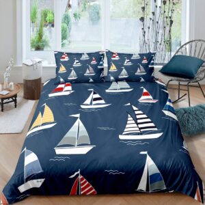 feelyou sailboat print bedding set for kids boys girls teens ocean wave nautical theme adventure navy blue comforter cover luxury microfiber bedclothes decor 2pcs duvet cover with 1 pillowcase twin