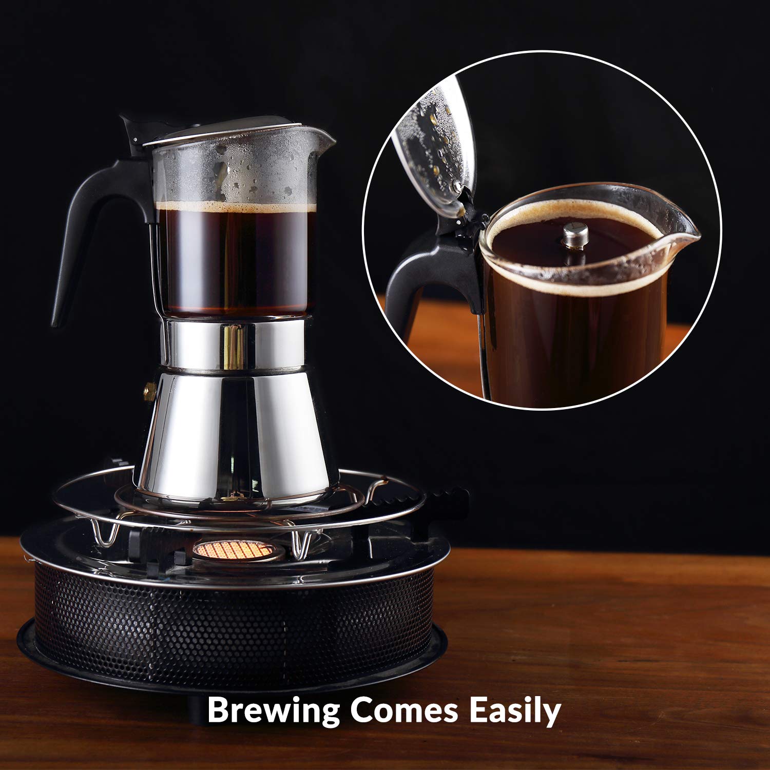 GEESTA Premium Crystal Glass-Top Stovetop Espresso Moka Pot - 4 / 6/ 9 Cups - Stainless Steel Coffee Maker- 160ml/5.6oz/4 cup (esHimpresso cup=40ml)- Valentines Day Gifts