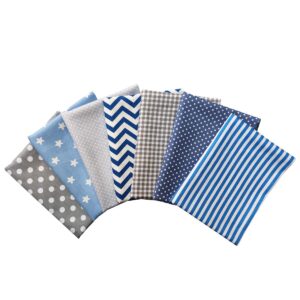 gnognauq 7pcs cotton quilting fabric, blue grey fat quarter fabric bundles printed patchwork squares polka dot wave striped gingham fabric for sewing diy crafts, 18 x 22 inches