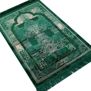 Modefa Turkish Islamic Prayer Rug | Soft Velvet Janamaz Praying Carpet | Muslim Praying Mat for Men & Women Ramadan or Eid | with Car Hanger | Classic Elegant Swirl (Green)