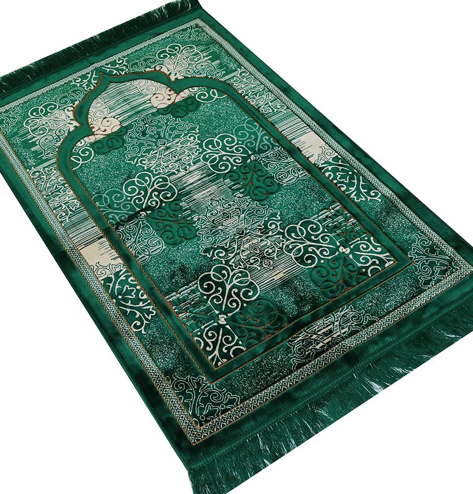 Modefa Turkish Islamic Prayer Rug | Soft Velvet Janamaz Praying Carpet | Muslim Praying Mat for Men & Women Ramadan or Eid | with Car Hanger | Classic Elegant Swirl (Green)