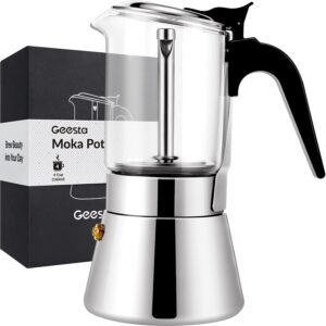 geesta premium crystal glass-top stovetop espresso moka pot - 4 / 6/ 9 cups - stainless steel coffee maker- 160ml/5.6oz/4 cup (eshimpresso cup=40ml)- valentines day gifts