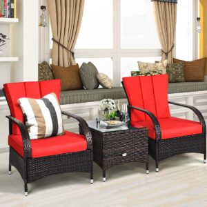 Tangkula 3-Piece Patio Conversation Set, Outdoor Wicker Furniture Set, Rattan Coffee Table & Chairs Set with Cushions, Outdoor Conversation Set for Garden Balcony Backyard (Red)