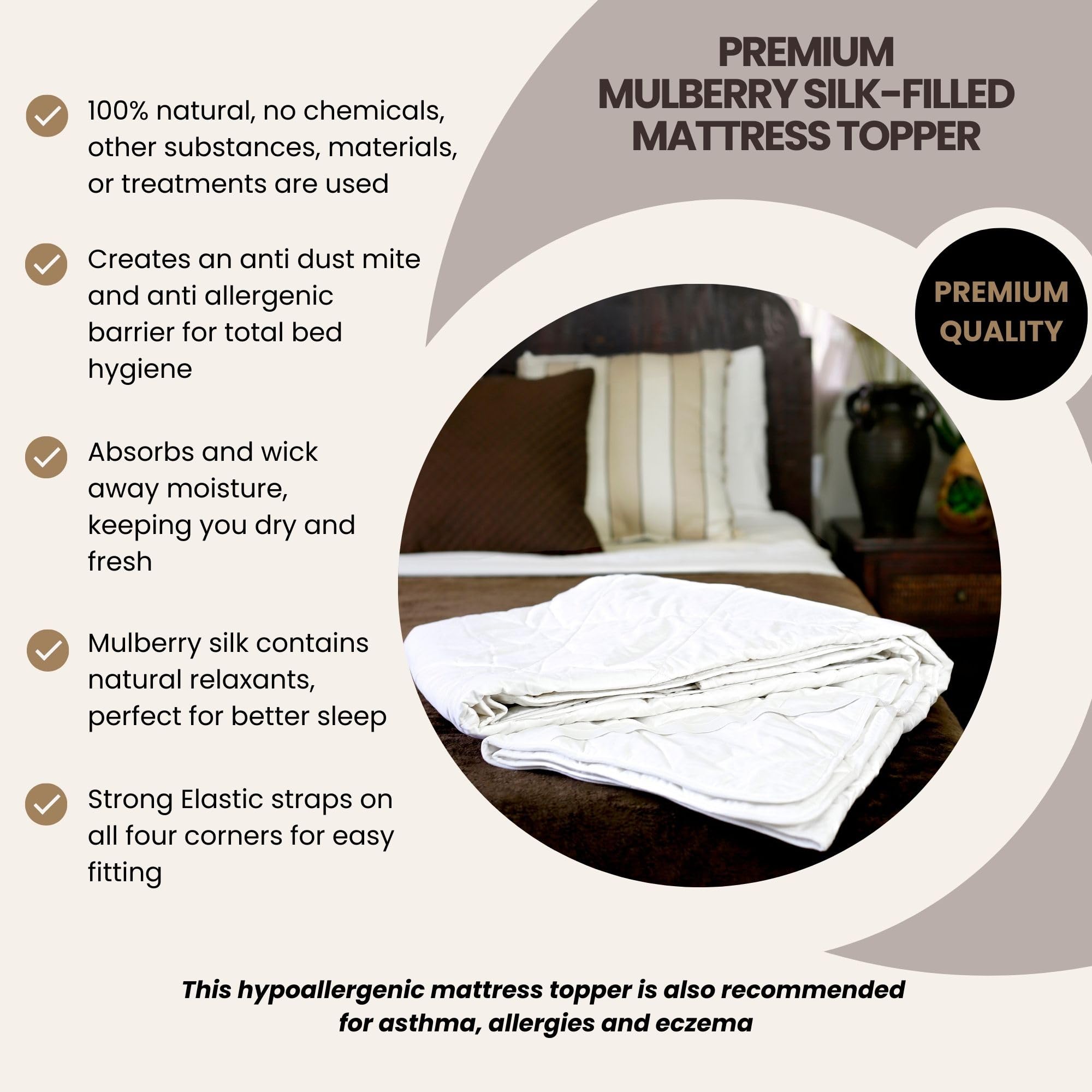 Silk Bedding Direct. Premium Pure Mulberry Silk-Filled Mattress Topper. Queen, 80" x 60". for Health, Hygiene and Beauty.