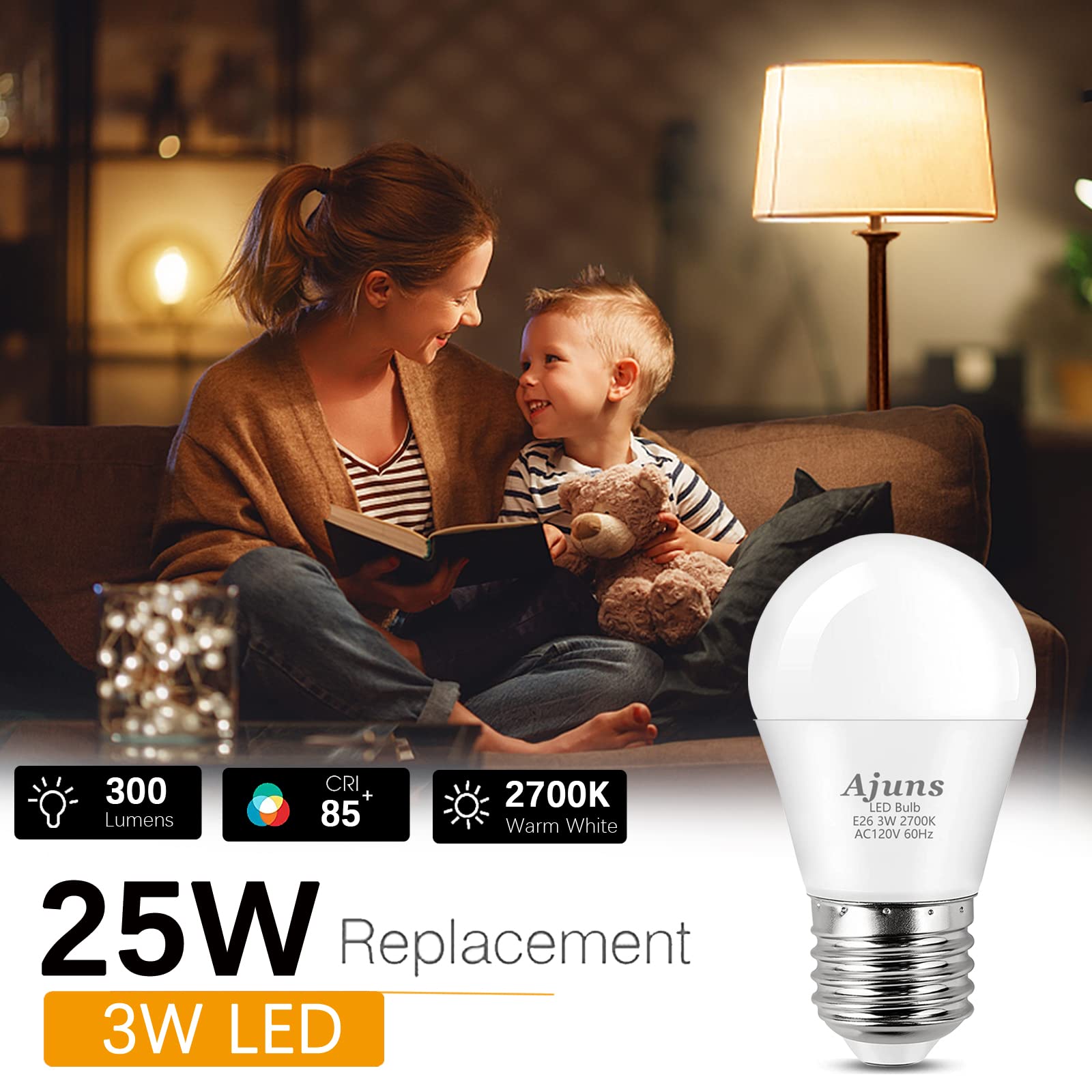 Ajuns LED Bulb 3W Equivalent 25 Watt Light Bulbs，120V Ceiling Fan Light Bulbs Table Lamp Bulb Warm White 2700K LED Energy Saving Bulb E26 Base, Suitable for Home 4 Pack