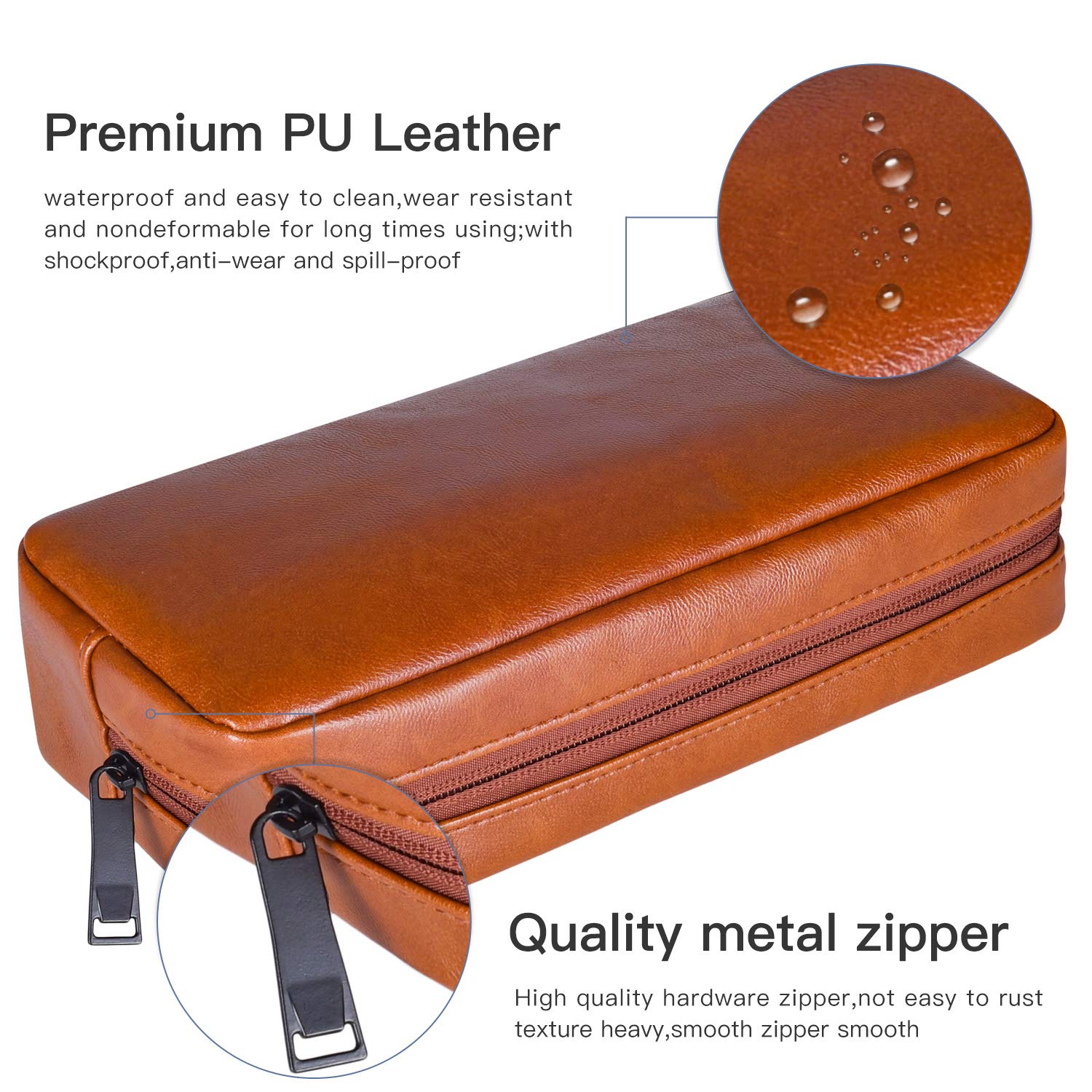 PU Leather Pencil Bag Pen Case, Large Capacity Stationery Pouch Pencil Holder Desk Organizer, Portable Pencils Pens Pouch for Electronic Organizer and Office Supplies (Brown)