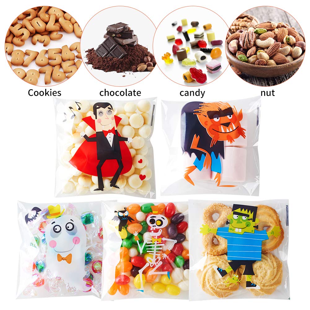 CCINEE 200pcs Halloween Treat Bags Clear Self-adhesive Candy Bags Cellophane Plastic Cookie Bags for Party Favors Halloween Decoration