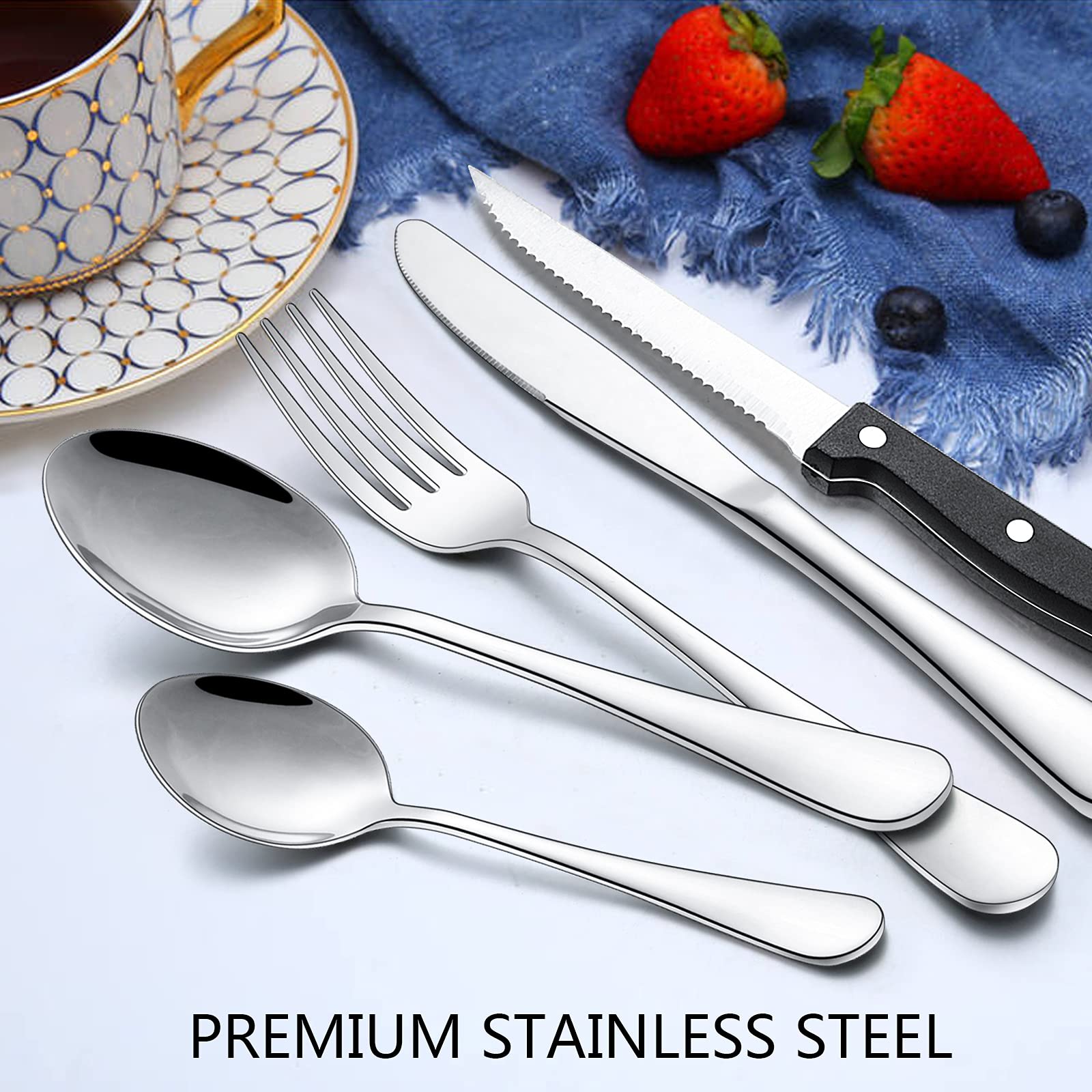 Wildone 48-Piece Flatware Set with Steak Knives, Stainless Steel Silverware Cutlery Set Service for 8, Tableware Eating Utensils Include Knives/Forks/Spoons, Mirror Polished, Dishwasher Safe