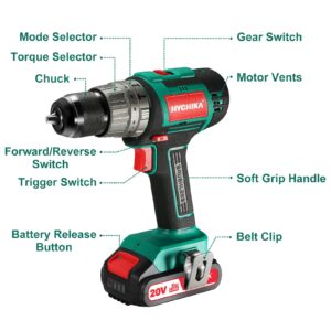 Cordless Drill 20V Max, HYCHIKA Brushless Drill Max Torque 530 In-lbs, 2.0 AH Battery 1H Fast Charger, 21+3 Torque Setting 1/2" Automatic Chuck, 20pcs Drill Bit Set for Home Improvement & DIY Project