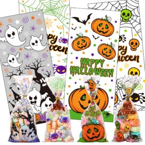 LOKIPA 200 Pcs Halloween Cellophane Candy Treat Bags with Twist Ties for Halloween Trick or Treat Party Favors