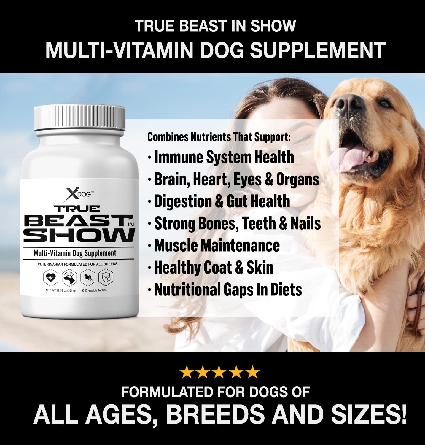 True Beast in Show Muscle Multivitamin for Dogs (Veterinarian Formulated): Vitamins, Minerals, Antioxidants, Digestive Enzymes, Fatty Acids, Amino Acids and Trace Minerals.