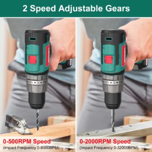 Cordless Drill 20V Max, HYCHIKA Brushless Drill Max Torque 530 In-lbs, 2.0 AH Battery 1H Fast Charger, 21+3 Torque Setting 1/2" Automatic Chuck, 20pcs Drill Bit Set for Home Improvement & DIY Project