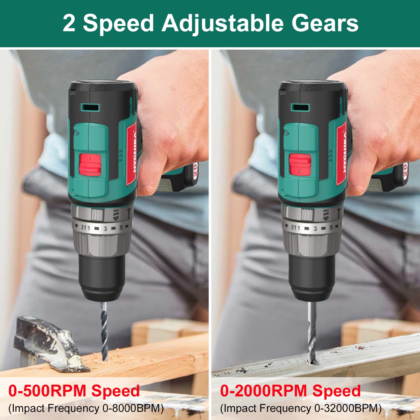 Cordless Drill 20V Max, HYCHIKA Brushless Drill Max Torque 530 In-lbs, 2.0 AH Battery 1H Fast Charger, 21+3 Torque Setting 1/2" Automatic Chuck, 20pcs Drill Bit Set for Home Improvement & DIY Project