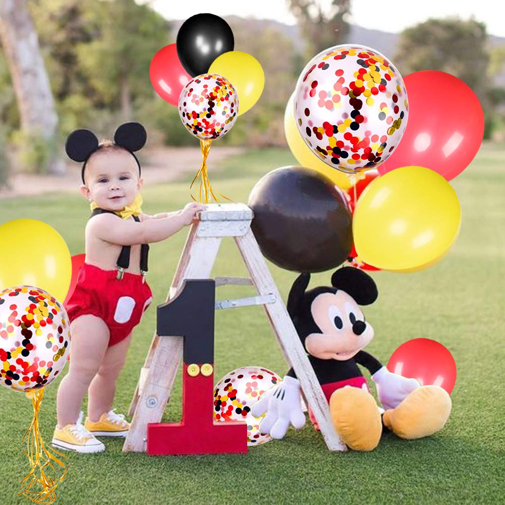 JOYYPOP 80 pcs Black Red Yellow Latex Balloons with Confetti Balloons for Baby Shower,Mouse balloon Theme Party Decoration,Brithday Party