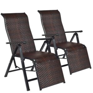 tangkula 2 pcs folding reclining rattan chair, portable chaise lounge chair w/adjustable positions, outdoor lounge chair with wide armrest, sturdy steel frame for garden, patio, beach (2)