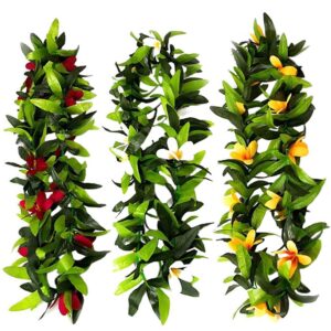 hawaiian leis hawaii luau tropical flower leaf leis wreath women green leaves dance garland floral necklace for summer beach wedding graduation vacation pool party decorations favors supplies 3 pack