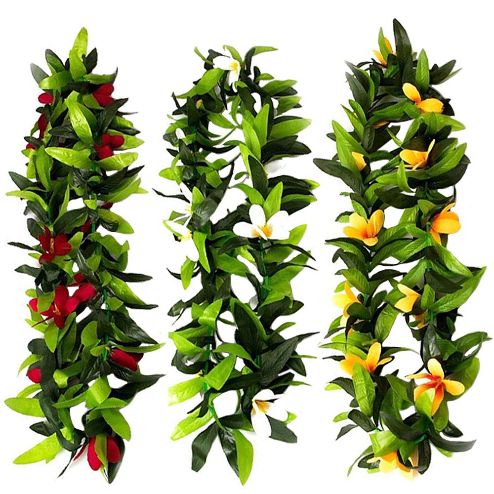 Hawaiian Leis Hawaii Luau Tropical Flower Leaf Leis Wreath Women Green Leaves Dance Garland Floral Necklace For Summer Beach Wedding Graduation Vacation Pool Party Decorations Favors Supplies 3 Pack