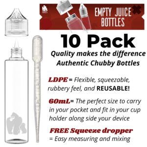 Chubby Gorilla LDPE PET Plastic Unicorn Squeeze Bottle 60ml (10 Pack) Dropper bottle (Transparent White Clear) REUSABLE, Child Resistant Cap, Easy Drip Tip Applicator Dropper Bottles