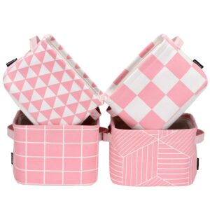 sea team foldable mini square new pink and white geometric theme 100% natural linen & cotton fabric storage bins storage baskets organizers for shelves & desks - set of 4 (pink)