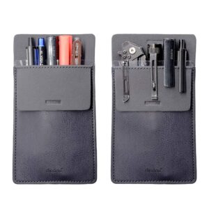 pocket protector, leather pen pouch holder organizer, for shirts lab coats, hold 5 pens, designed to keep pens inside when bend down. no breaking of pen clip. thick pu leather, navy, 2 per pack.