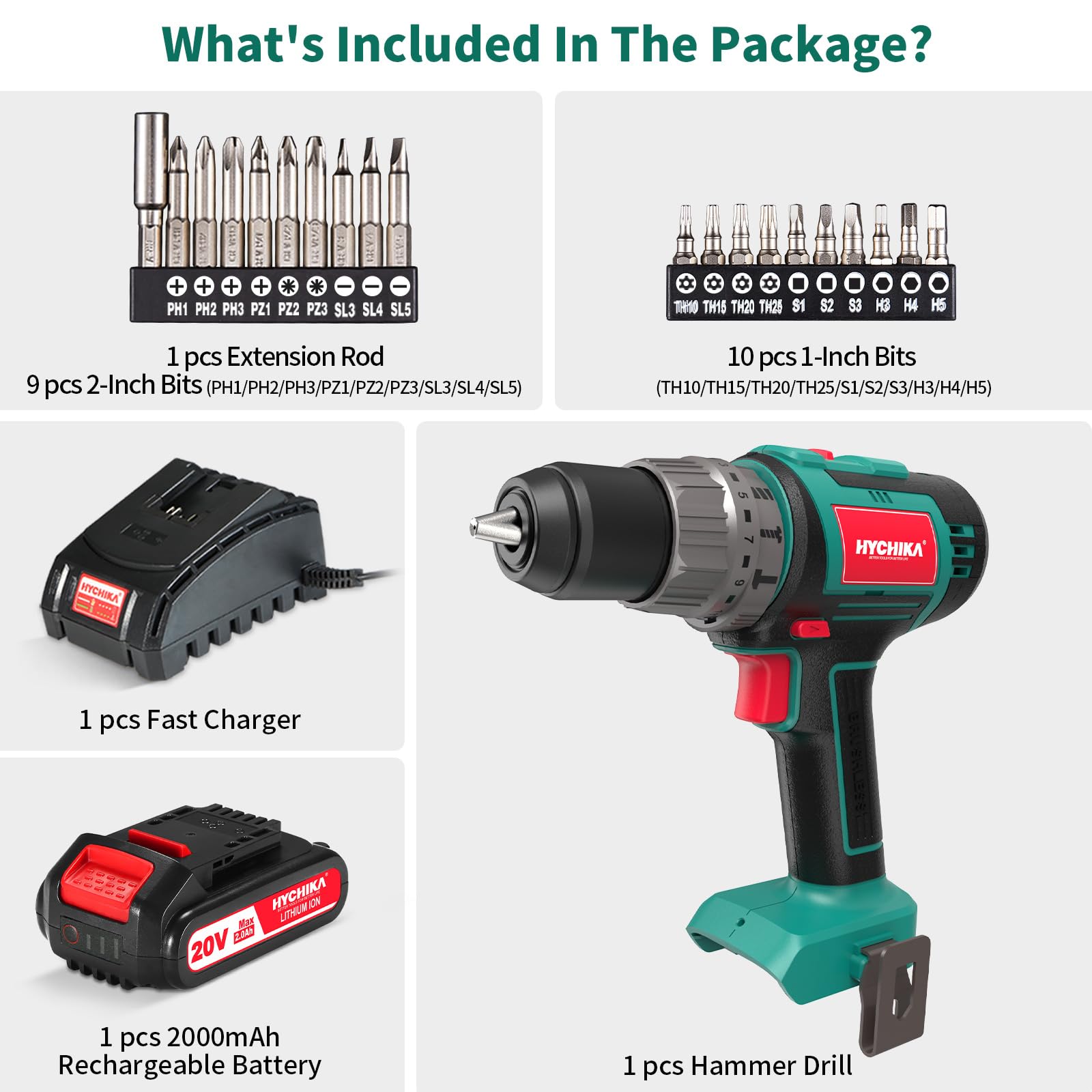 Cordless Drill 20V Max, HYCHIKA Brushless Drill Max Torque 530 In-lbs, 2.0 AH Battery 1H Fast Charger, 21+3 Torque Setting 1/2" Automatic Chuck, 20pcs Drill Bit Set for Home Improvement & DIY Project