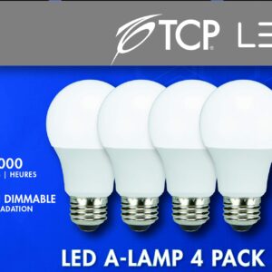 TCP LED 60 Watt Equivalent A19 | 4 Pack | Warm White (3000K) Shatter Resistent | 800 Lumens | 10,000 Hours | Non-Dimmable Light Bulbs