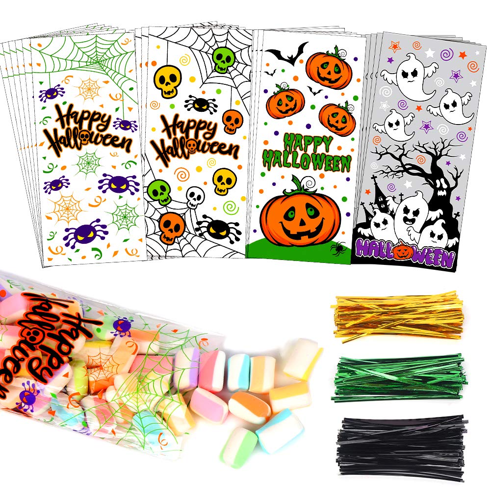 LOKIPA 200 Pcs Halloween Cellophane Candy Treat Bags with Twist Ties for Halloween Trick or Treat Party Favors