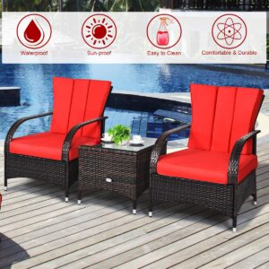 Tangkula 3-Piece Patio Conversation Set, Outdoor Wicker Furniture Set, Rattan Coffee Table & Chairs Set with Cushions, Outdoor Conversation Set for Garden Balcony Backyard (Red)