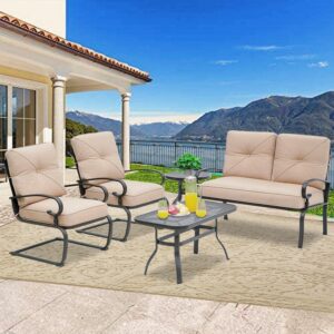 Incbruce 5 Piece Wrought Iron Patio Furniture Set Metal Outdoor Conversation Sets (Loveseat, Coffee Table and Bistro Table, 2 Spring Chair) with Cushion (Brown)