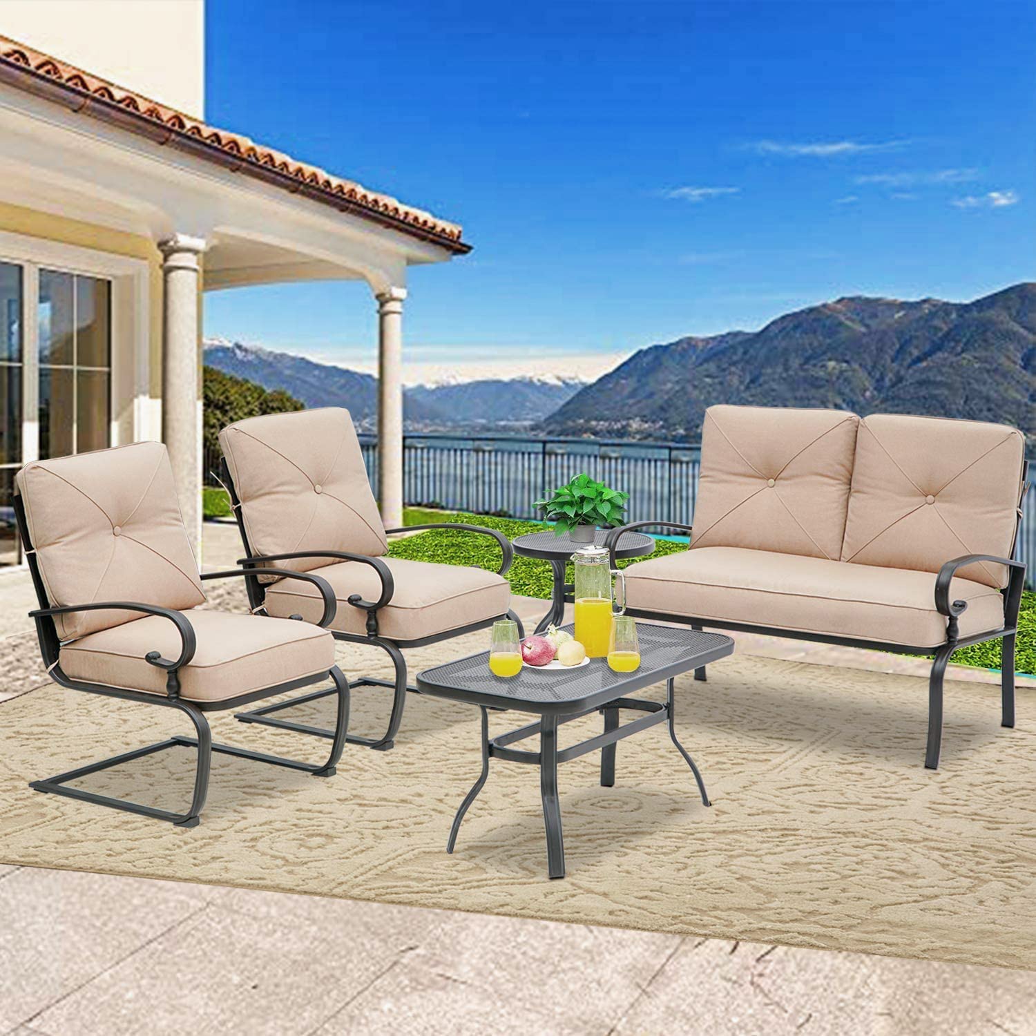 Incbruce 5 Piece Wrought Iron Patio Furniture Set Metal Outdoor Conversation Sets (Loveseat, Coffee Table and Bistro Table, 2 Spring Chair) with Cushion (Brown)