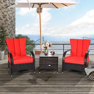 Tangkula 3-Piece Patio Conversation Set, Outdoor Wicker Furniture Set, Rattan Coffee Table & Chairs Set with Cushions, Outdoor Conversation Set for Garden Balcony Backyard (Red)