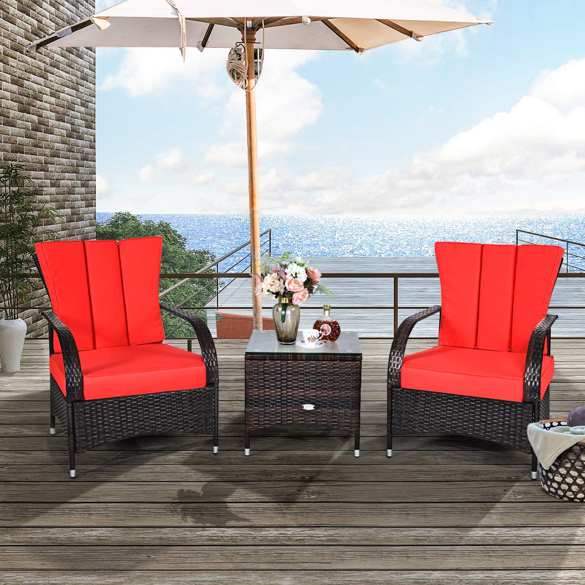 Tangkula 3-Piece Patio Conversation Set, Outdoor Wicker Furniture Set, Rattan Coffee Table & Chairs Set with Cushions, Outdoor Conversation Set for Garden Balcony Backyard (Red)