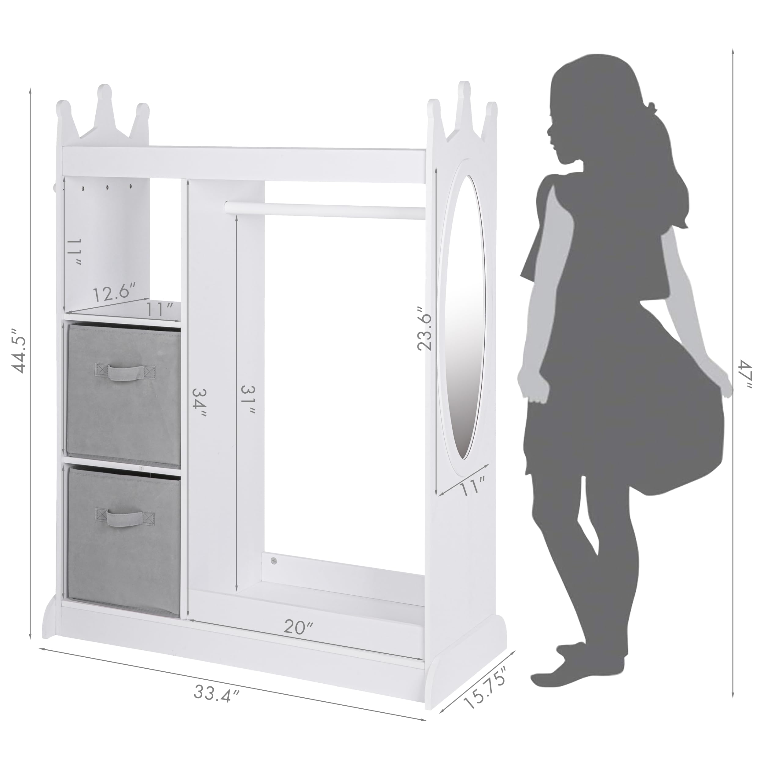 UTEX Kids Play Armoire with Mirror, Storage Bins and Closet for Dress Up and Costumes (White)