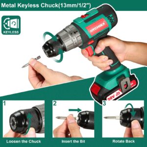 Cordless Drill 20V Max, HYCHIKA Brushless Drill Max Torque 530 In-lbs, 2.0 AH Battery 1H Fast Charger, 21+3 Torque Setting 1/2" Automatic Chuck, 20pcs Drill Bit Set for Home Improvement & DIY Project