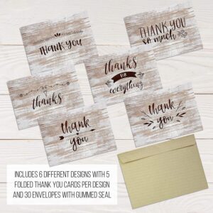 TOROS store 30 Pack Thank You Cards Set with Kraft Envelopes - Rustic Style Paper Cards - Thank you Cards 5 of Each Design - Perfect for Baby Shower Wedding Birthday Party Graduation