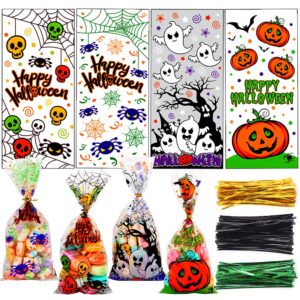 lokipa 200 pcs halloween cellophane candy treat bags with twist ties for halloween trick or treat party favors