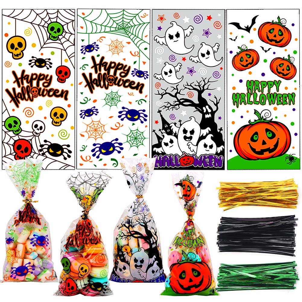 LOKIPA 200 Pcs Halloween Cellophane Candy Treat Bags with Twist Ties for Halloween Trick or Treat Party Favors