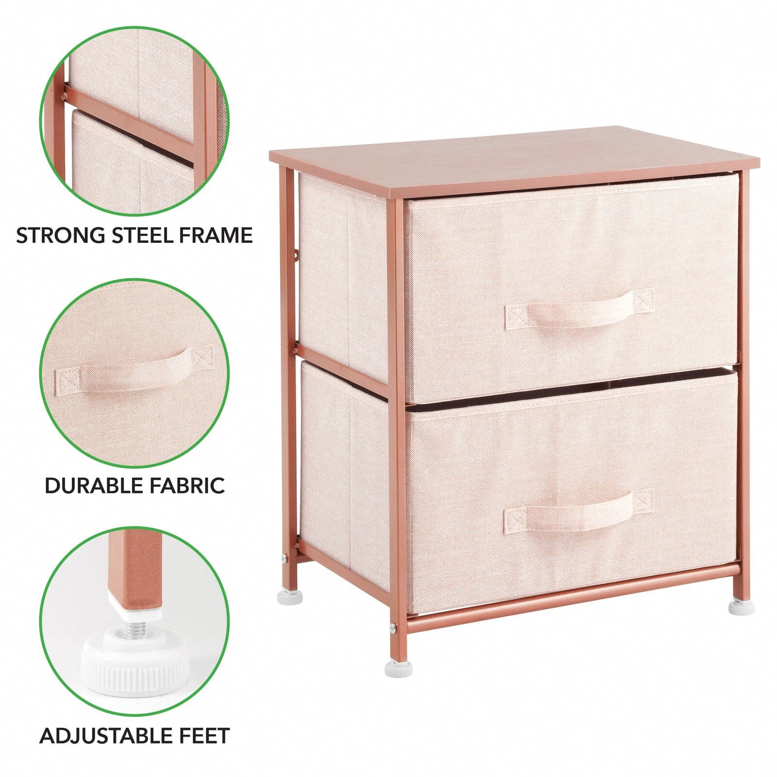 mDesign Small Storage Dresser End/Side Table Night Stand with 2 Removable Fabric Drawers - Organizer for Bedroom, Living Room, Closet - Hold Clothes, Accessories, Lido Collection, Light Pink/Rose Gold