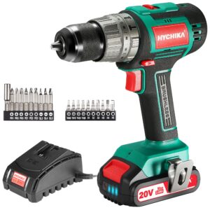 cordless drill 20v max, hychika brushless drill max torque 530 in-lbs, 2.0 ah battery 1h fast charger, 21+3 torque setting 1/2" automatic chuck, 20pcs drill bit set for home improvement & diy project