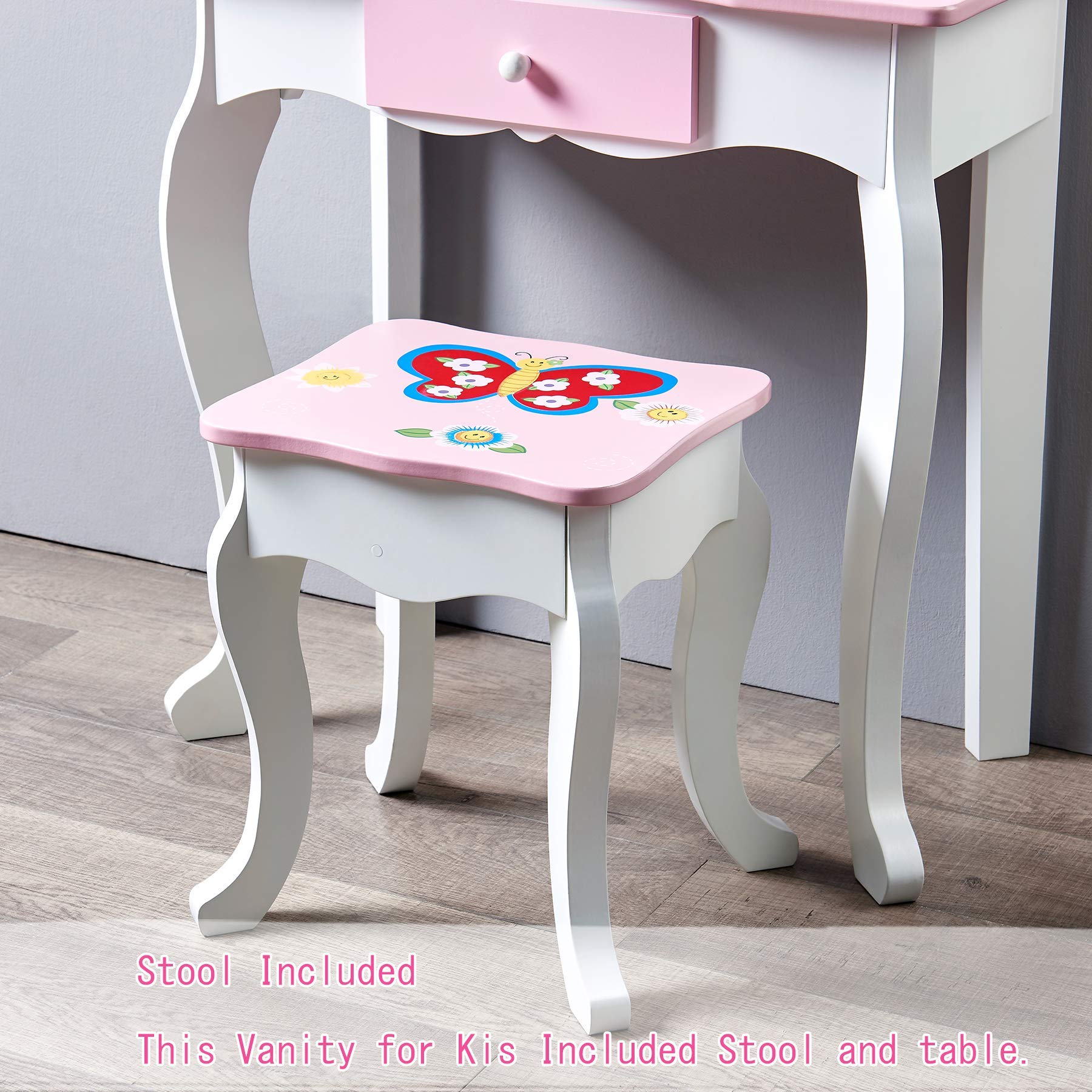 Wooden Vanity Table and Chair Set Kids Vanity Set with Mirror Children Princess Makeup Dressing Table with Stool and Storage Shelves for Girl(Pink)