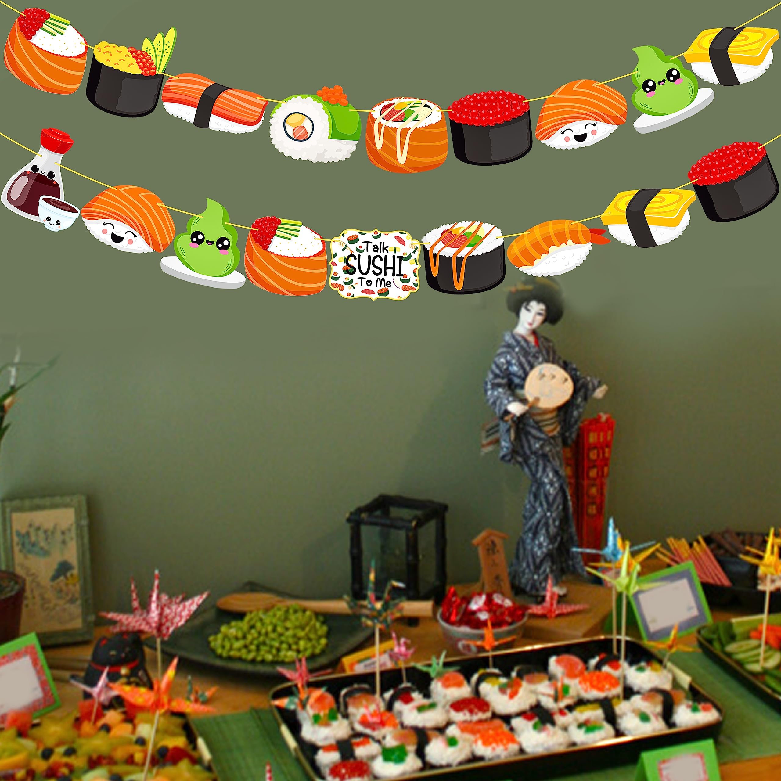 Sushi Garland Banners 2Pcs Let's Roll Sushi Birthday Party Cutout Banners Sushi Party Decorations for Japanese Theme Baby Shower Supplies