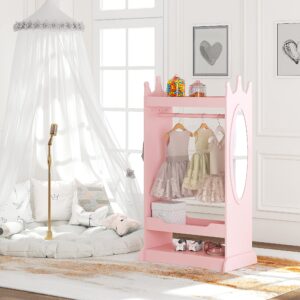 UTEX Kids Dress up Storage with Mirror,Costume Closet for Kids, Open Hanging Armoire Closet,Pretend Storage Closet for kids,Costume Storage Dresser (Pink)