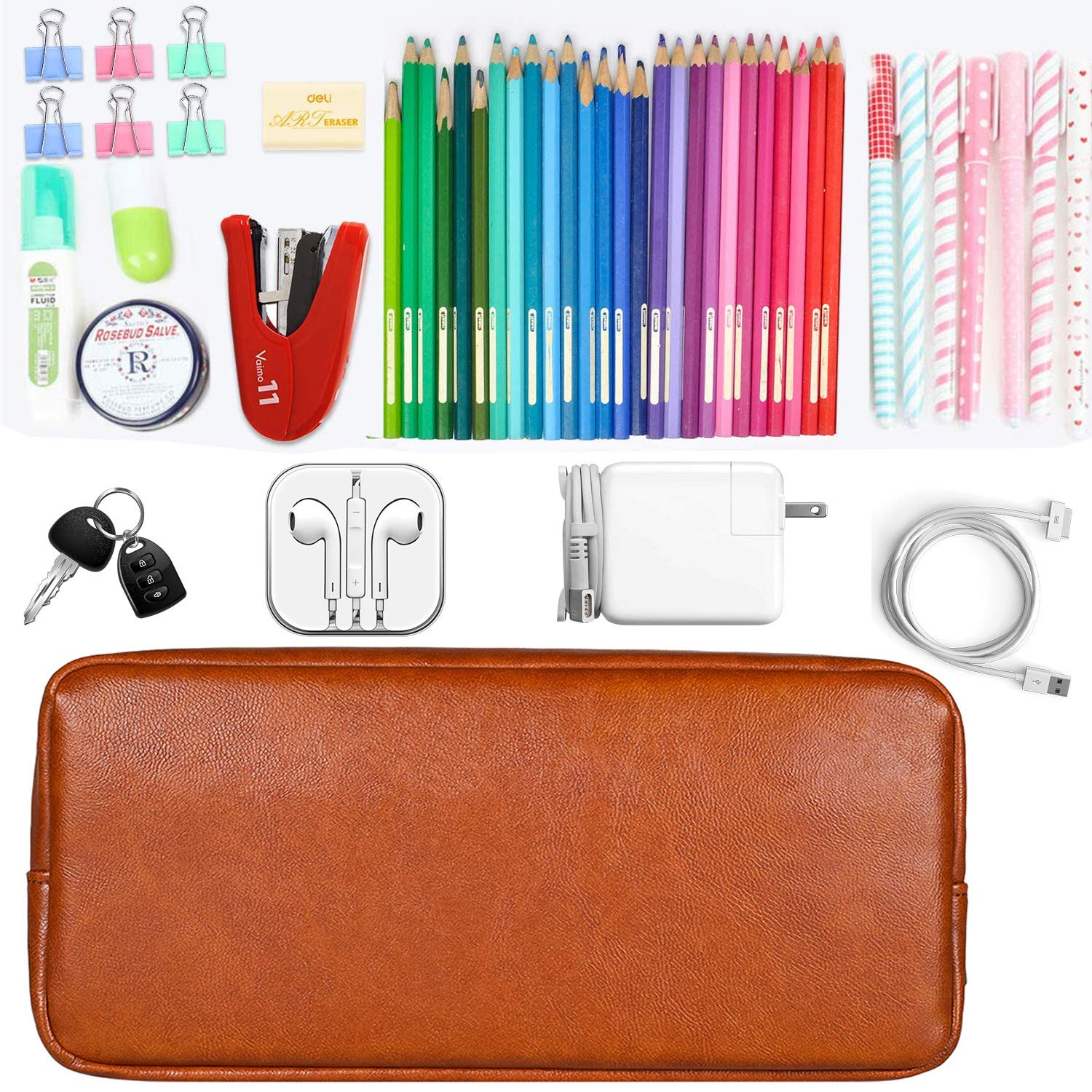 PU Leather Pencil Bag Pen Case, Large Capacity Stationery Pouch Pencil Holder Desk Organizer, Portable Pencils Pens Pouch for Electronic Organizer and Office Supplies (Brown)