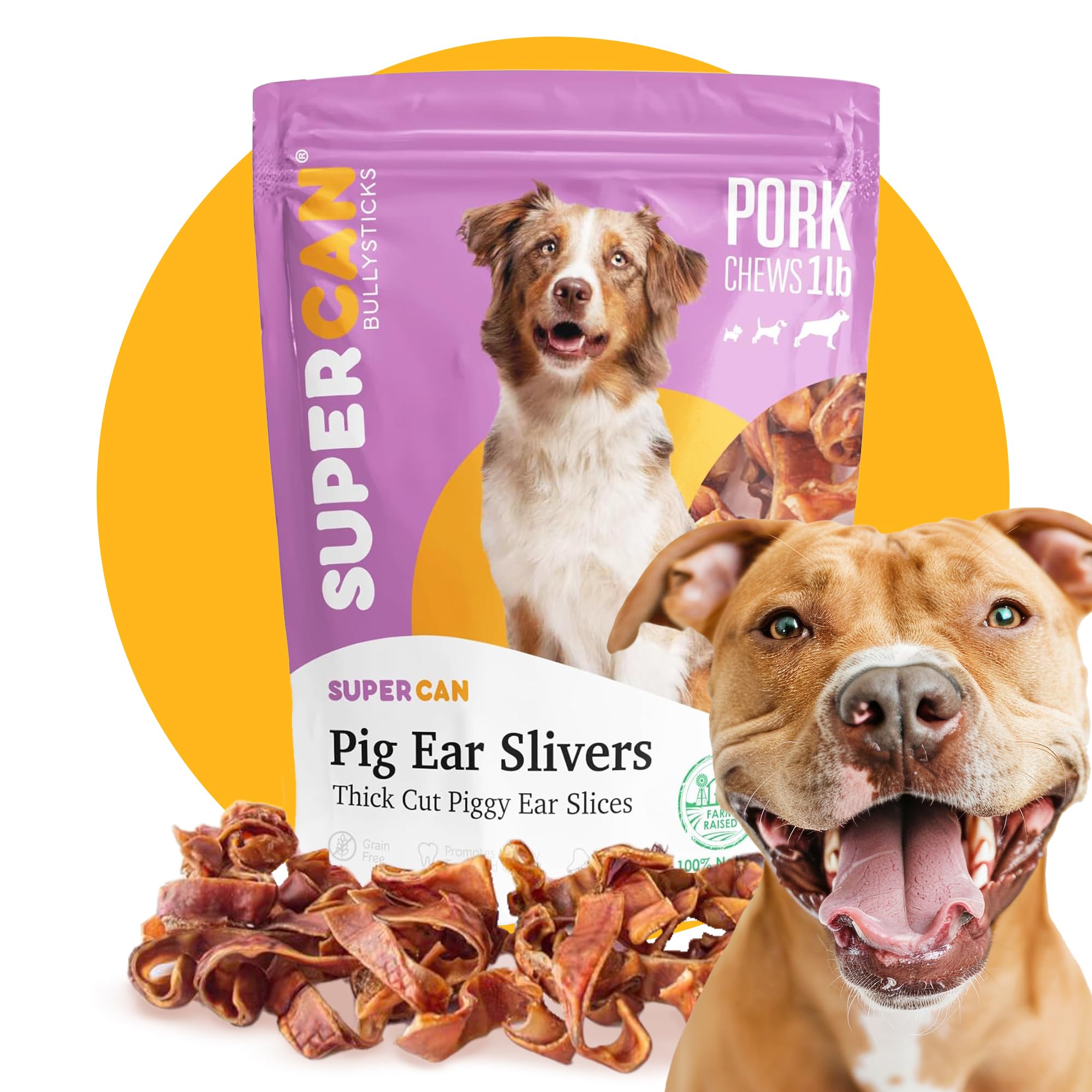 Super Can Pig Ears Slivers for Dogs 1LB - All Natural Dog Chews - Long Lasting Treats Small Medium Large Dogs - Rawhide Free & High Protein - Low Fat, Odor Free, Grain Free - Supports Dental Health