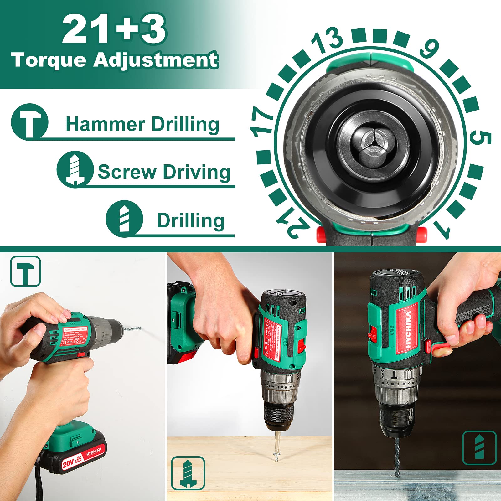 Cordless Drill 20V Max, HYCHIKA Brushless Drill Max Torque 530 In-lbs, 2.0 AH Battery 1H Fast Charger, 21+3 Torque Setting 1/2" Automatic Chuck, 20pcs Drill Bit Set for Home Improvement & DIY Project