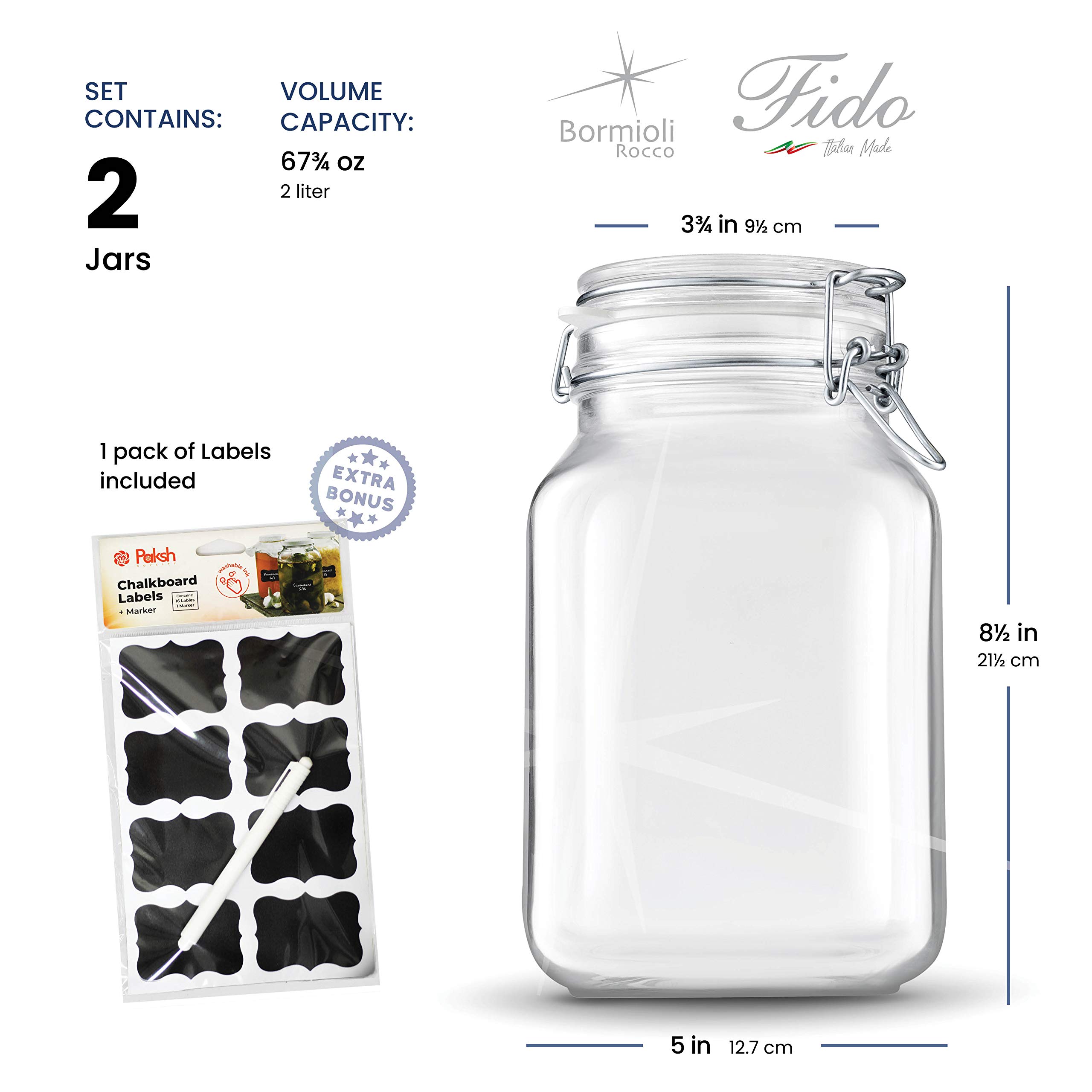 Bormioli Rocco - Food Storage Container - Glass Fido Jars - Hermetic Sealed Hinged Airtight Lid for Fermenting, With Paksh Chalkboard Labels 67 3/4 Ounce (2 Liter)