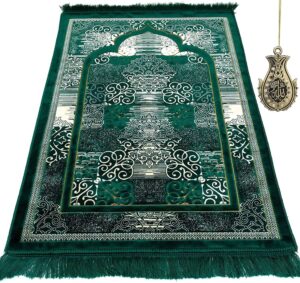 modefa turkish islamic prayer rug | soft velvet janamaz praying carpet | muslim praying mat for men & women ramadan or eid | with car hanger | classic elegant swirl (green)