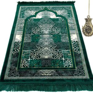 Modefa Turkish Islamic Prayer Rug | Soft Velvet Janamaz Praying Carpet | Muslim Praying Mat for Men & Women Ramadan or Eid | with Car Hanger | Classic Elegant Swirl (Green)